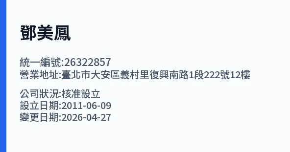 鄧美鳳的照片-統編 26322857(臺北市) 公司登記資料與營業項目詳細圖表