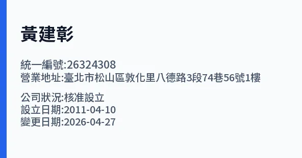 黃建彰的照片-統編 26324308(臺北市) 公司登記資料與營業項目詳細圖表