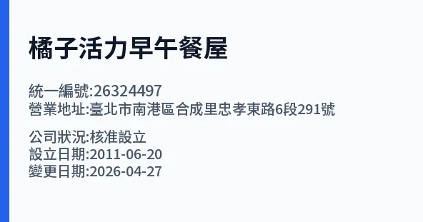 橘子活力早午餐屋的照片-統編 26324497(臺北市) 公司登記資料與營業項目詳細圖表