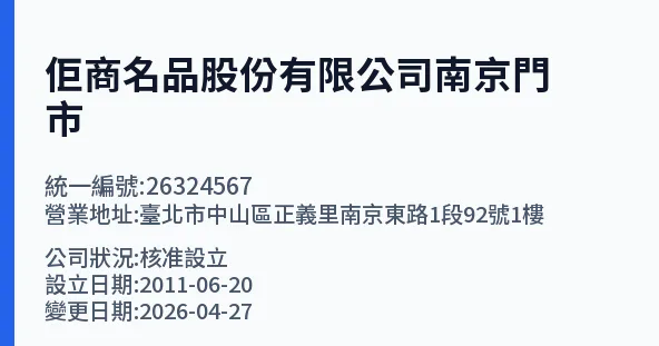 佢商名品股份有限公司南京門市的照片-統編 26324567(臺北市) 公司登記資料與營業項目詳細圖表