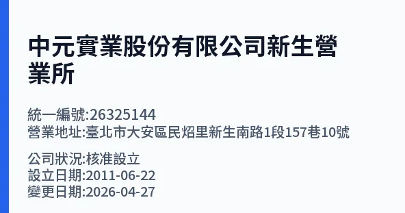 中元實業股份有限公司新生營業所的照片-統編 26325144(臺北市) 公司登記資料與營業項目詳細圖表