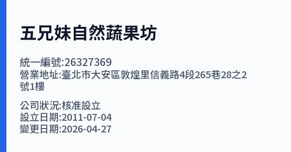 五兄妹自然蔬果坊的照片-統編 26327369(臺北市) 公司登記資料與營業項目詳細圖表