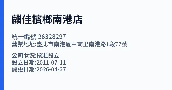 麒佳檳榔南港店的照片-統編 26328297(臺北市) 公司登記資料與營業項目詳細圖表