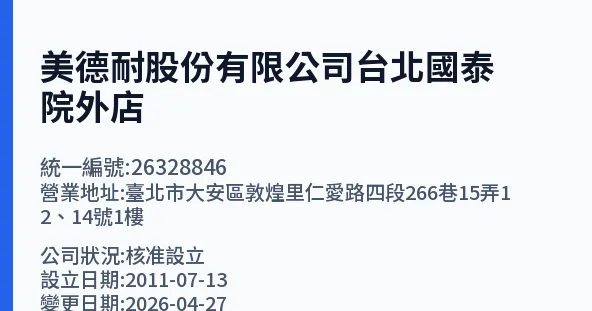 美德耐股份有限公司台北國泰院外店的照片-統編 26328846(臺北市) 公司登記資料與營業項目詳細圖表