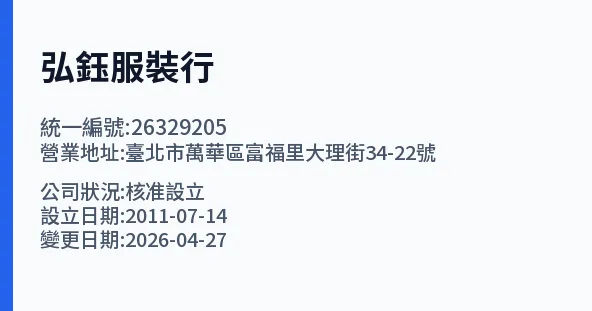 弘鈺服裝行的照片-統編 26329205(臺北市) 公司登記資料與營業項目詳細圖表