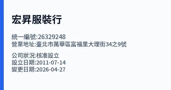 宏昇服裝行的照片-統編 26329248(臺北市) 公司登記資料與營業項目詳細圖表
