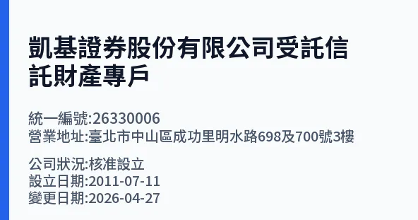 凱基證券股份有限公司受託信託財產專戶的照片-統編 26330006(臺北市) 公司登記資料與營業項目詳細圖表