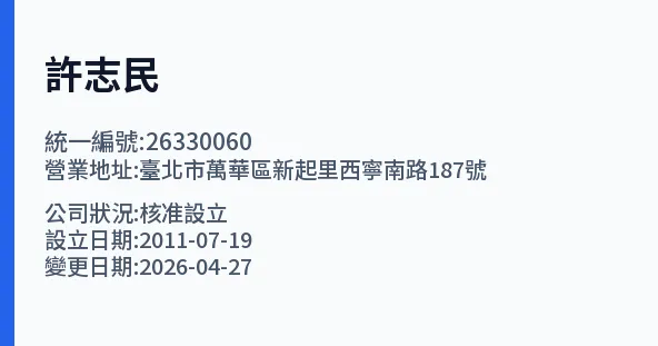 許志民的照片-統編 26330060(臺北市) 公司登記資料與營業項目詳細圖表
