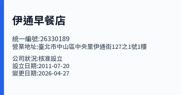 伊通早餐店的照片-統編 26330189(臺北市) 公司登記資料與營業項目詳細圖表