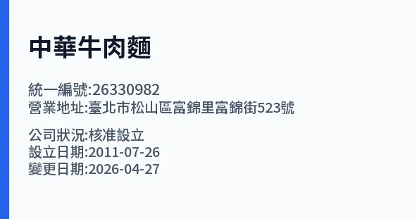 中華牛肉麵的照片-統編 26330982(臺北市) 公司登記資料與營業項目詳細圖表