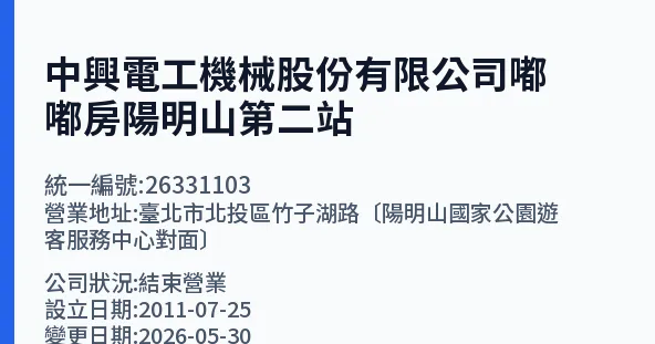 中興電工機械股份有限公司嘟嘟房陽明山第二站的照片-統編 26331103(臺北市) 公司登記資料與營業項目詳細圖表