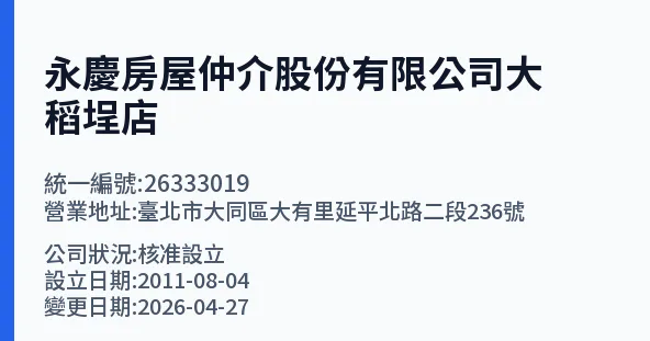 永慶房屋仲介股份有限公司大稻埕店的照片-統編 26333019(臺北市) 公司登記資料與營業項目詳細圖表