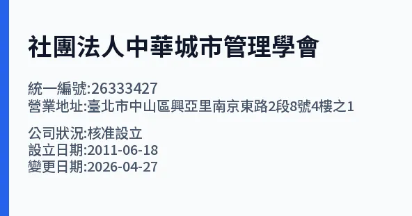 社團法人中華城市管理學會的照片-統編 26333427(臺北市) 公司登記資料與營業項目詳細圖表