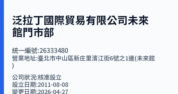 泛拉丁國際貿易有限公司未來館門市部的照片-統編 26333480(臺北市) 公司登記資料與營業項目詳細圖表