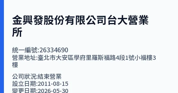 金興發股份有限公司台大營業所的照片-統編 26334690(臺北市) 公司登記資料與營業項目詳細圖表