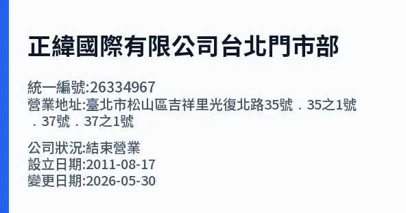 正緯國際有限公司台北門市部的照片-統編 26334967(臺北市) 公司登記資料與營業項目詳細圖表