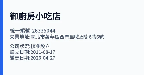 御廚房小吃店的照片-統編 26335044(臺北市) 公司登記資料與營業項目詳細圖表
