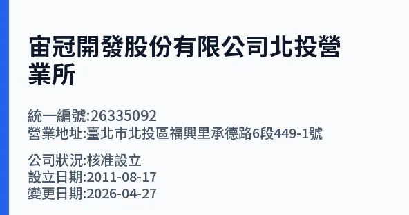 宙冠開發股份有限公司北投營業所的照片-統編 26335092(臺北市) 公司登記資料與營業項目詳細圖表