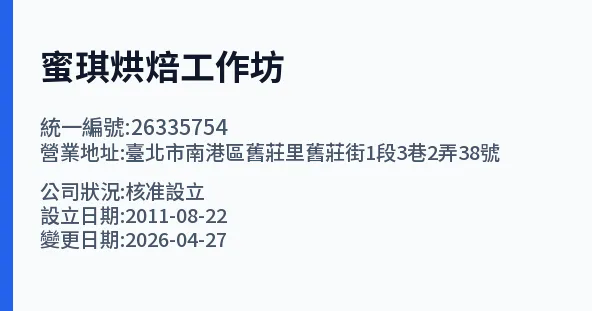 蜜琪烘焙工作坊的照片-統編 26335754(臺北市) 公司登記資料與營業項目詳細圖表