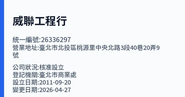 威聯工程行的照片-統編 26336297(臺北市) 公司登記資料與營業項目詳細圖表
