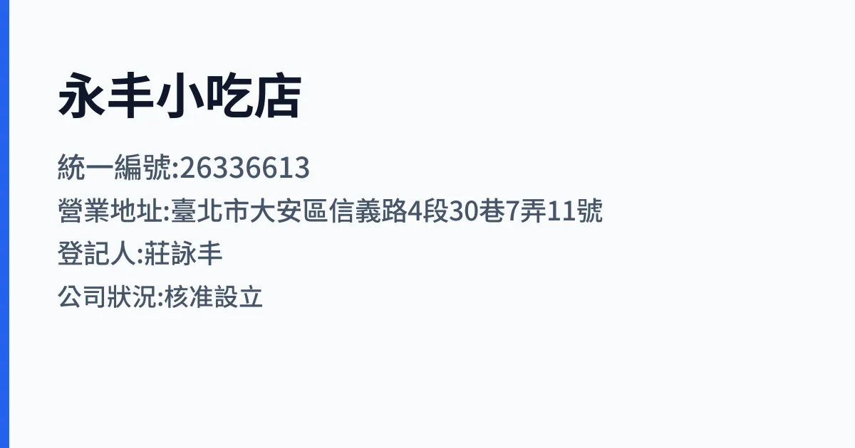 永丰小吃店 - 統編 26336613(臺北市) 公司登記資料與營業項目詳細圖表