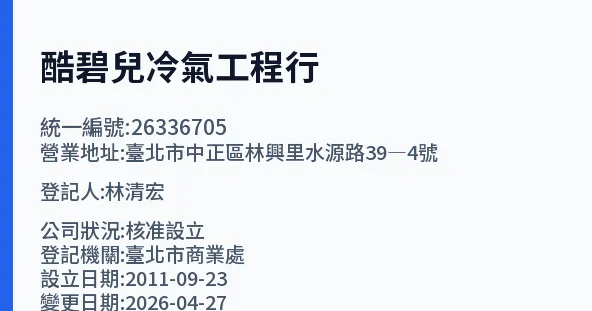 酷碧兒冷氣工程行的照片-統編 26336705(臺北市) 公司登記資料與營業項目詳細圖表