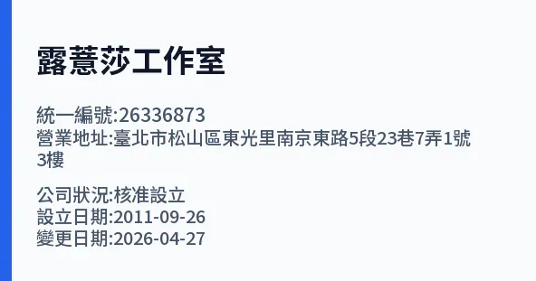 露薏莎工作室的照片-統編 26336873(臺北市) 公司登記資料與營業項目詳細圖表