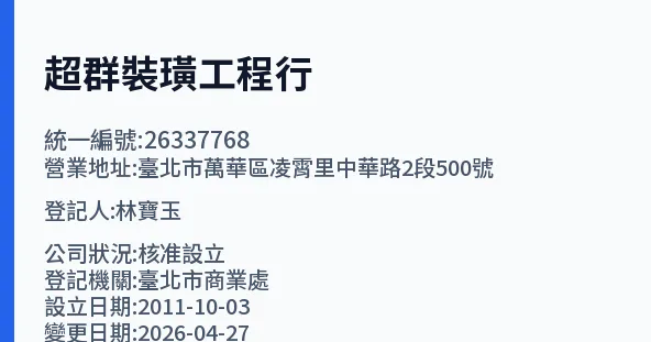 超群裝璜工程行的照片-統編 26337768(臺北市) 公司登記資料與營業項目詳細圖表