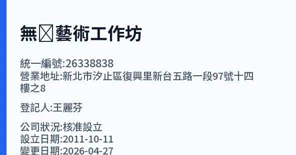無爲藝術工作坊的照片-統編 26338838(新北市) 公司登記資料與營業項目詳細圖表