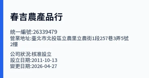 春吉農產品行的照片-統編 26339479(臺北市) 公司登記資料與營業項目詳細圖表