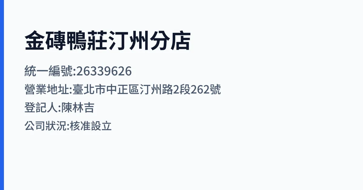 金磚鴨莊汀州分店 - 統編 26339626(臺北市) 公司登記資料與營業項目詳細圖表