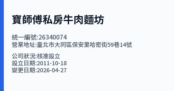 寶師傅私房牛肉麵坊的照片-統編 26340074(臺北市) 公司登記資料與營業項目詳細圖表
