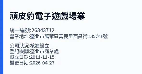 頑皮豹電子遊戲場業的照片-統編 26343712(臺北市) 公司登記資料與營業項目詳細圖表