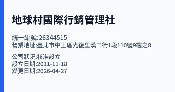 地球村國際行銷管理社的照片-統編 26344515(臺北市) 公司登記資料與營業項目詳細圖表