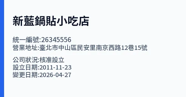 新藍鍋貼小吃店的照片-統編 26345556(臺北市) 公司登記資料與營業項目詳細圖表
