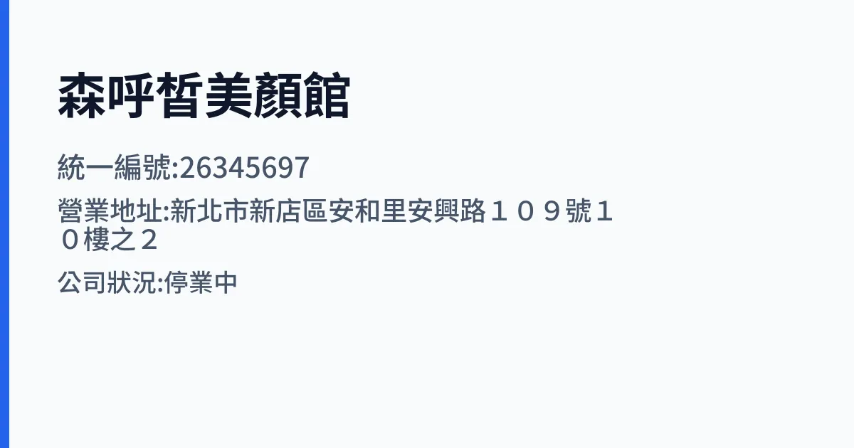 森呼皙美顏館 - 統編 26345697(新北市) 公司登記資料與營業項目詳細圖表