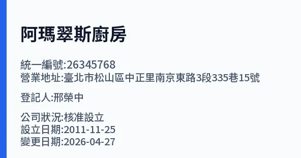 阿瑪翠斯廚房的照片-統編 26345768(臺北市) 公司登記資料與營業項目詳細圖表