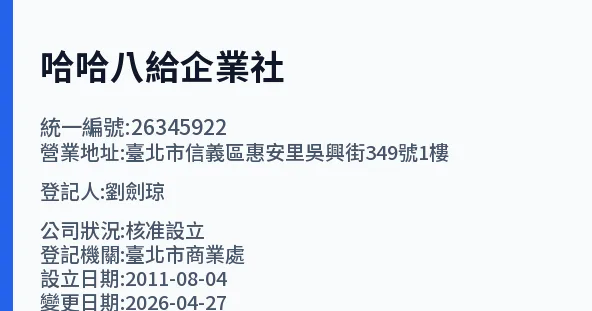 哈哈八給企業社的照片-統編 26345922(臺北市) 公司登記資料與營業項目詳細圖表