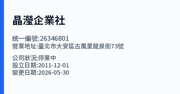 晶瀅企業社的照片-統編 26346801(臺北市) 公司登記資料與營業項目詳細圖表