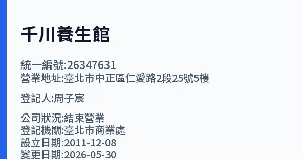 千川養生館的照片-統編 26347631(臺北市) 公司登記資料與營業項目詳細圖表