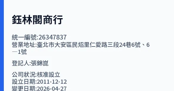 鈺林閣商行的照片-統編 26347837(臺北市) 公司登記資料與營業項目詳細圖表