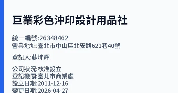 巨業彩色沖印設計用品社的照片-統編 26348462(臺北市) 公司登記資料與營業項目詳細圖表