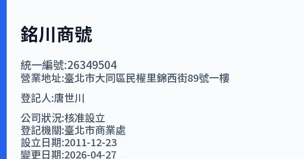 銘川商號的照片-統編 26349504(臺北市) 公司登記資料與營業項目詳細圖表