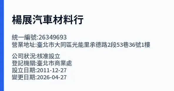 楊展汽車材料行的照片-統編 26349693(臺北市) 公司登記資料與營業項目詳細圖表