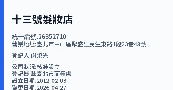 十三號髮妝店的照片-統編 26352710(臺北市) 公司登記資料與營業項目詳細圖表
