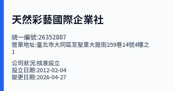 天然彩藝國際企業社的照片-統編 26352887(臺北市) 公司登記資料與營業項目詳細圖表