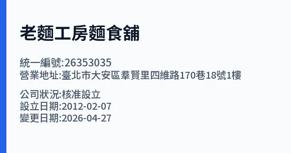 老麵工房麵食舖的照片-統編 26353035(臺北市) 公司登記資料與營業項目詳細圖表