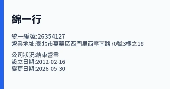 錦一行的照片-統編 26354127(臺北市) 公司登記資料與營業項目詳細圖表