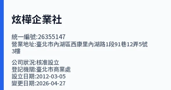 炫樺企業社的照片-統編 26355147(臺北市) 公司登記資料與營業項目詳細圖表