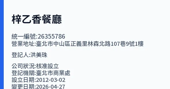 梓乙香餐廳的照片-統編 26355786(臺北市) 公司登記資料與營業項目詳細圖表